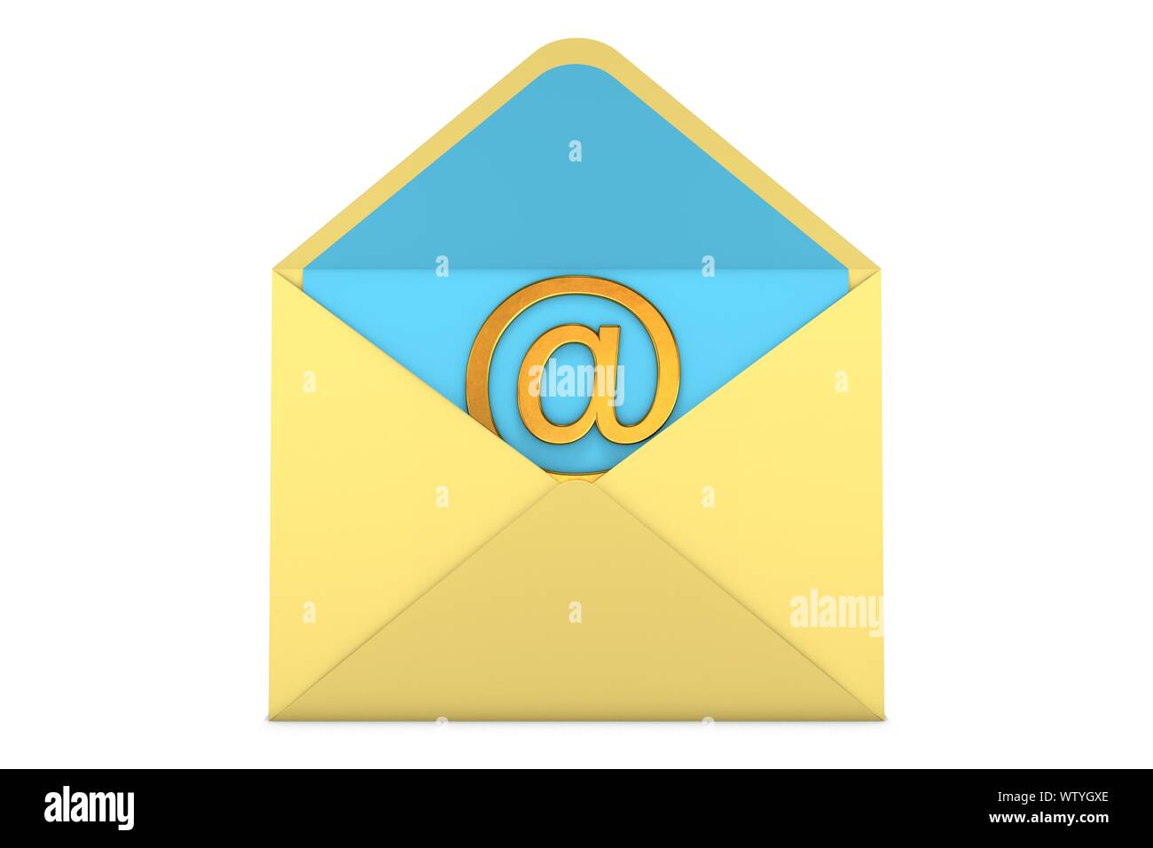 3d illustration: golden email symbol in open yellow- blue paper mail ...