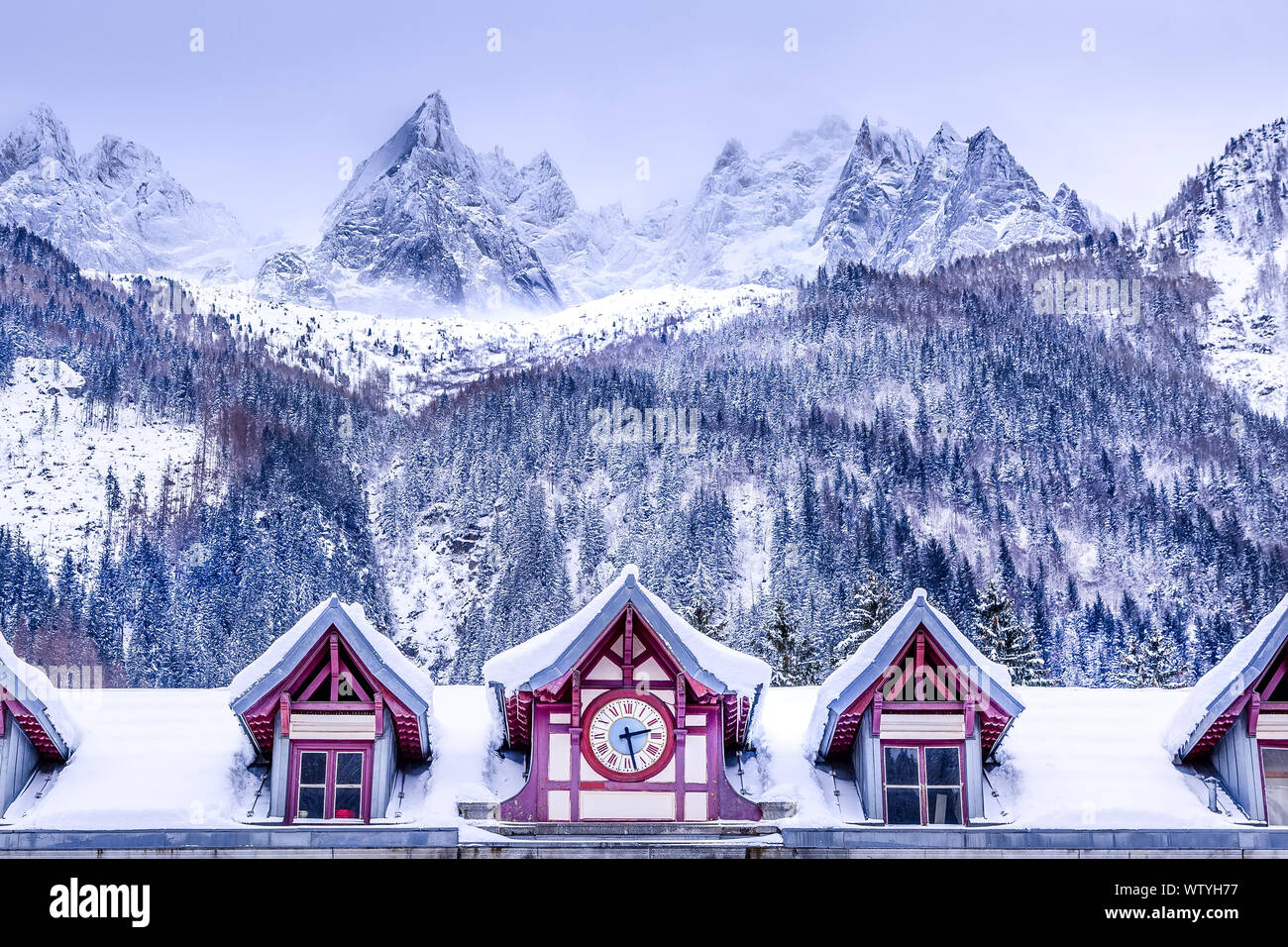 Chamonix Mont Blanc, France, facade of train station, French Alps and ...