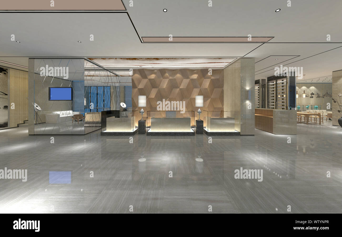 3d render. Hotel reception and lobby interior Stock Photo - Alamy