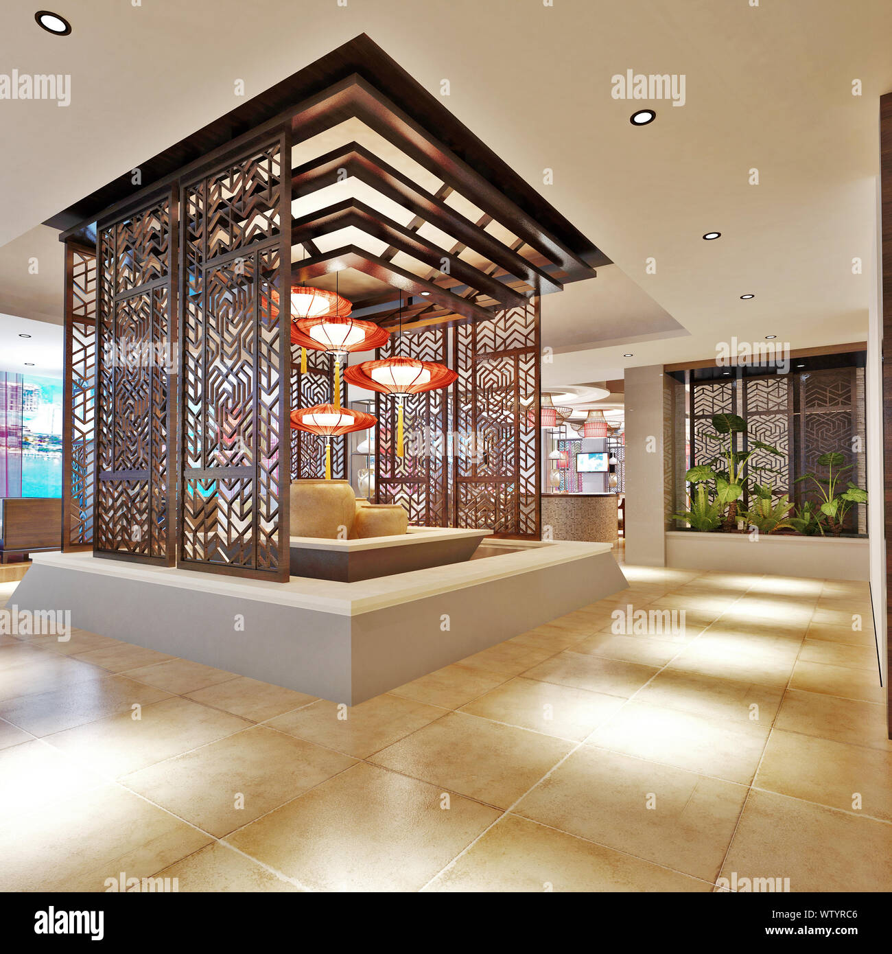 3d render. Hotel reception and lobby interior Stock Photo - Alamy