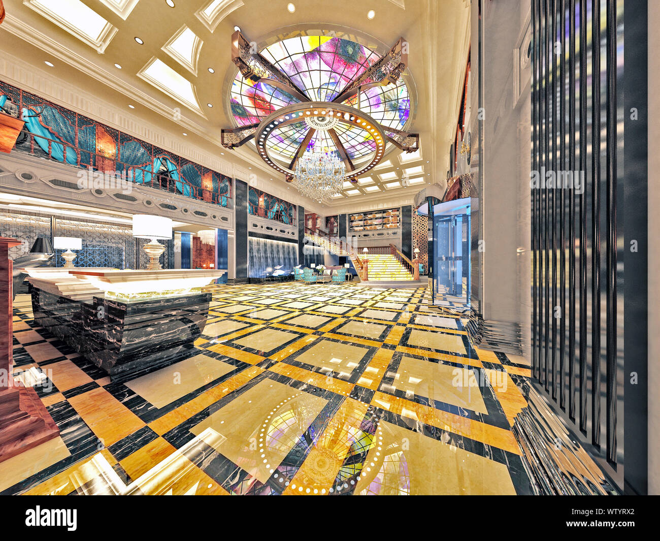 3d render. Hotel reception and lobby interior Stock Photo - Alamy