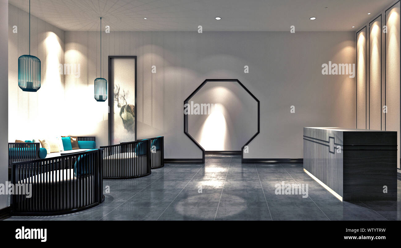 3d render. Hotel reception and lobby interior Stock Photo - Alamy