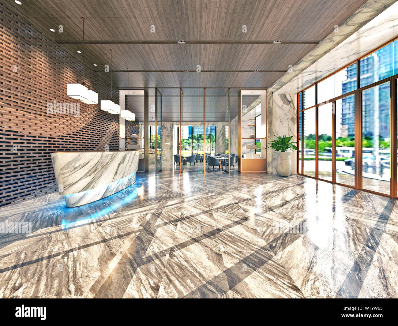 3d render. Hotel reception and lobby interior Stock Photo - Alamy
