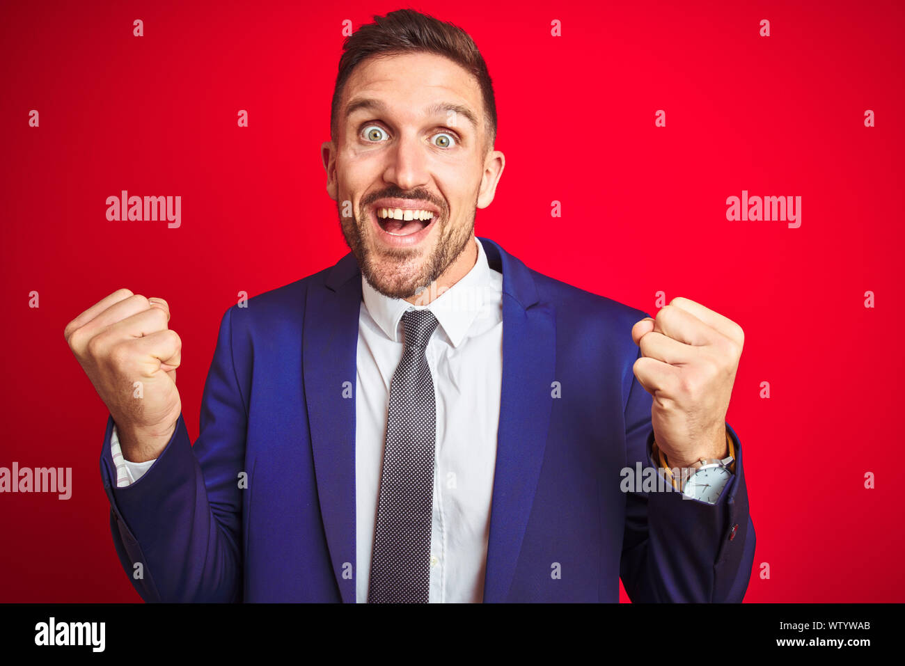 Young handsome business man over red isolated background celebrating ...