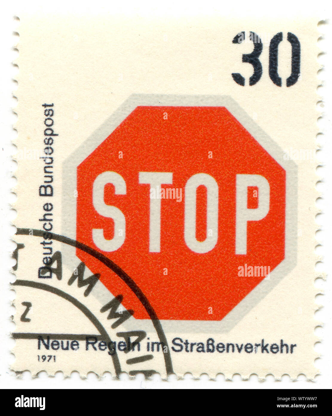 Stop road sign on postal stamp Stock Photo - Alamy
