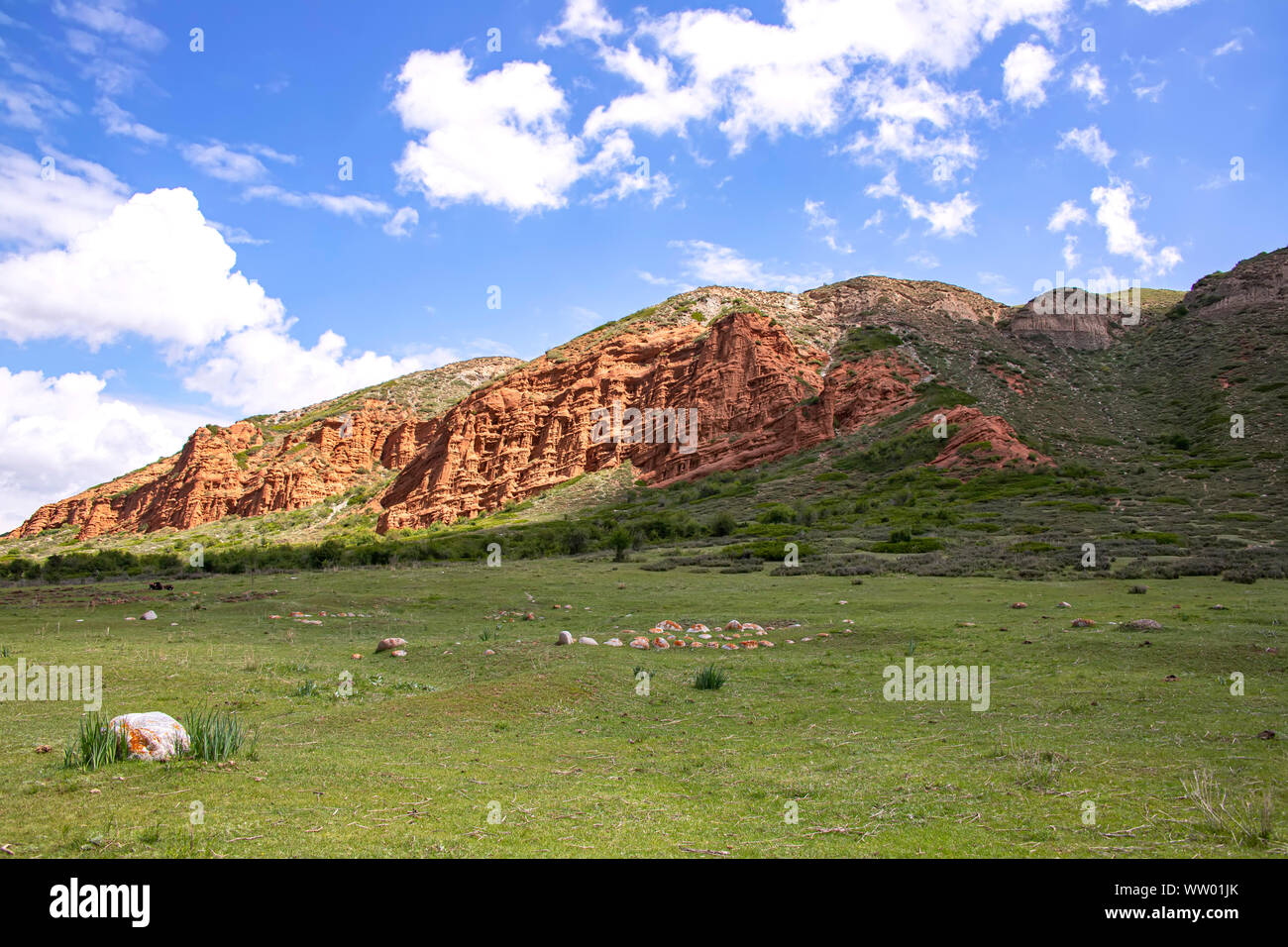 View of mountain ranges covered with coniferous forest in the Jety Oguz ...