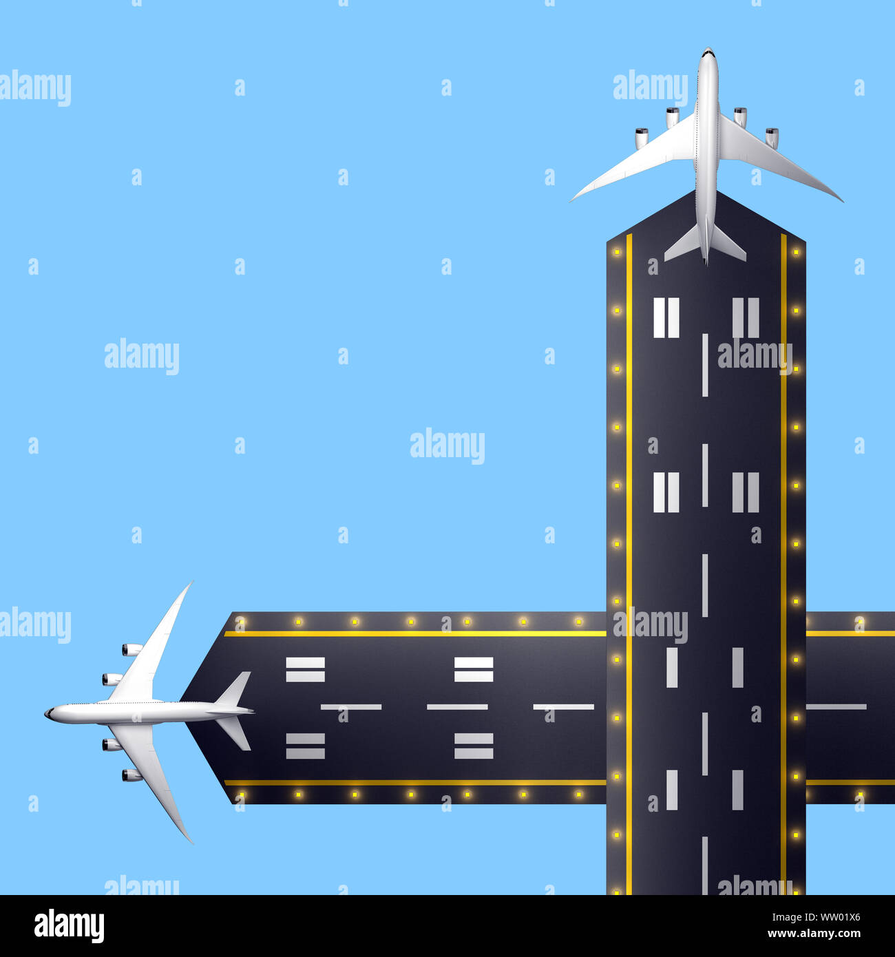 two runways with passenger aircraft top view. 3d rendering Stock Photo ...