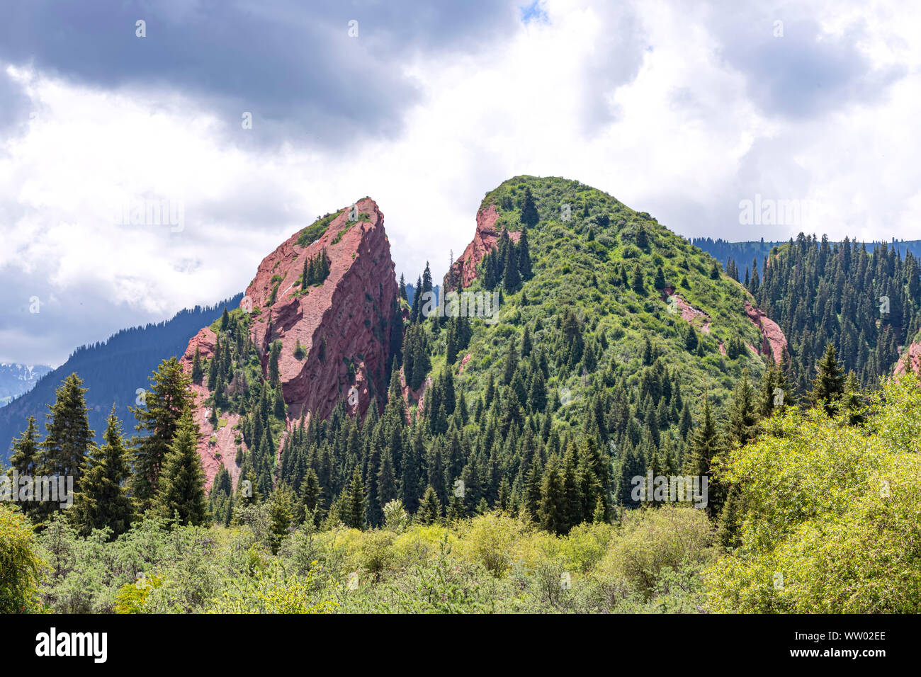 Rock Broken Heart In The Jeti Oguz Gorge Kyrgyzstan Is Covered With Coniferous Forest Stock