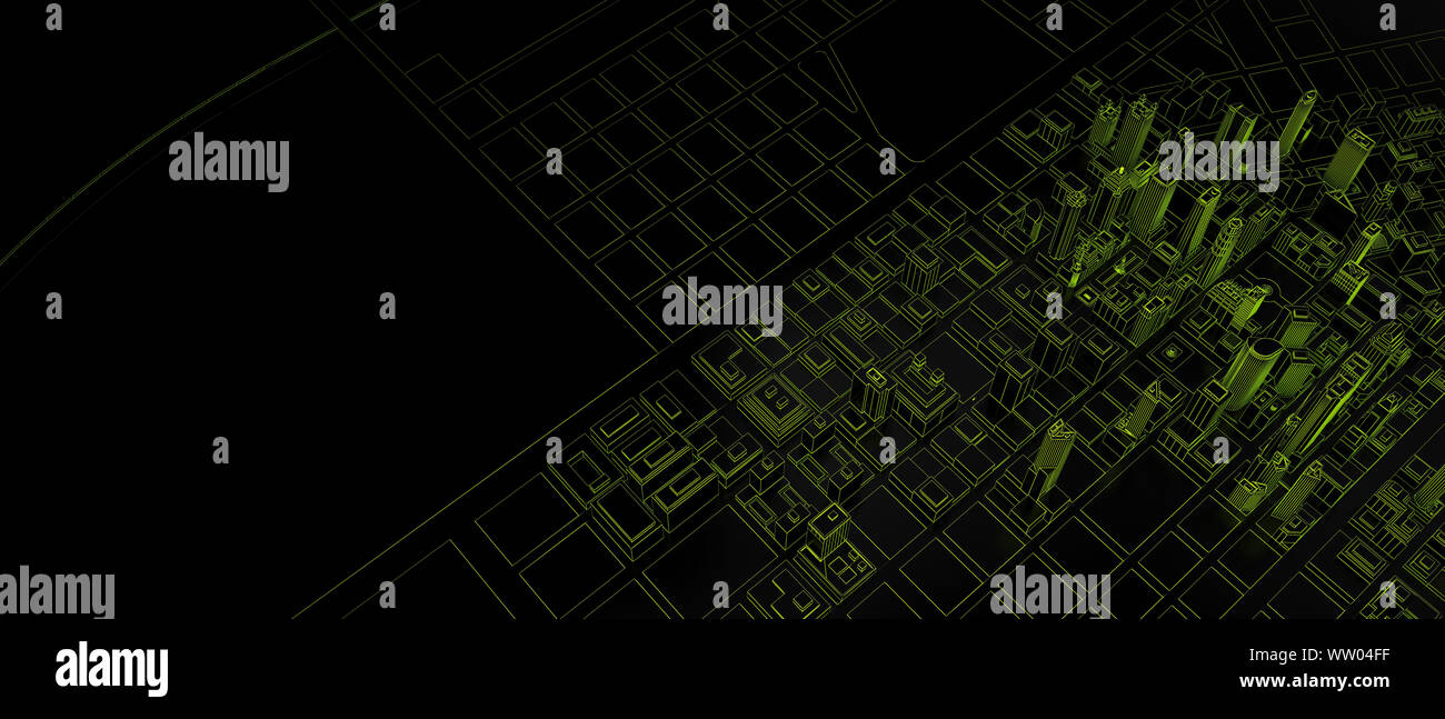 above view of black low poly city with green outlines. 3d rendering ...