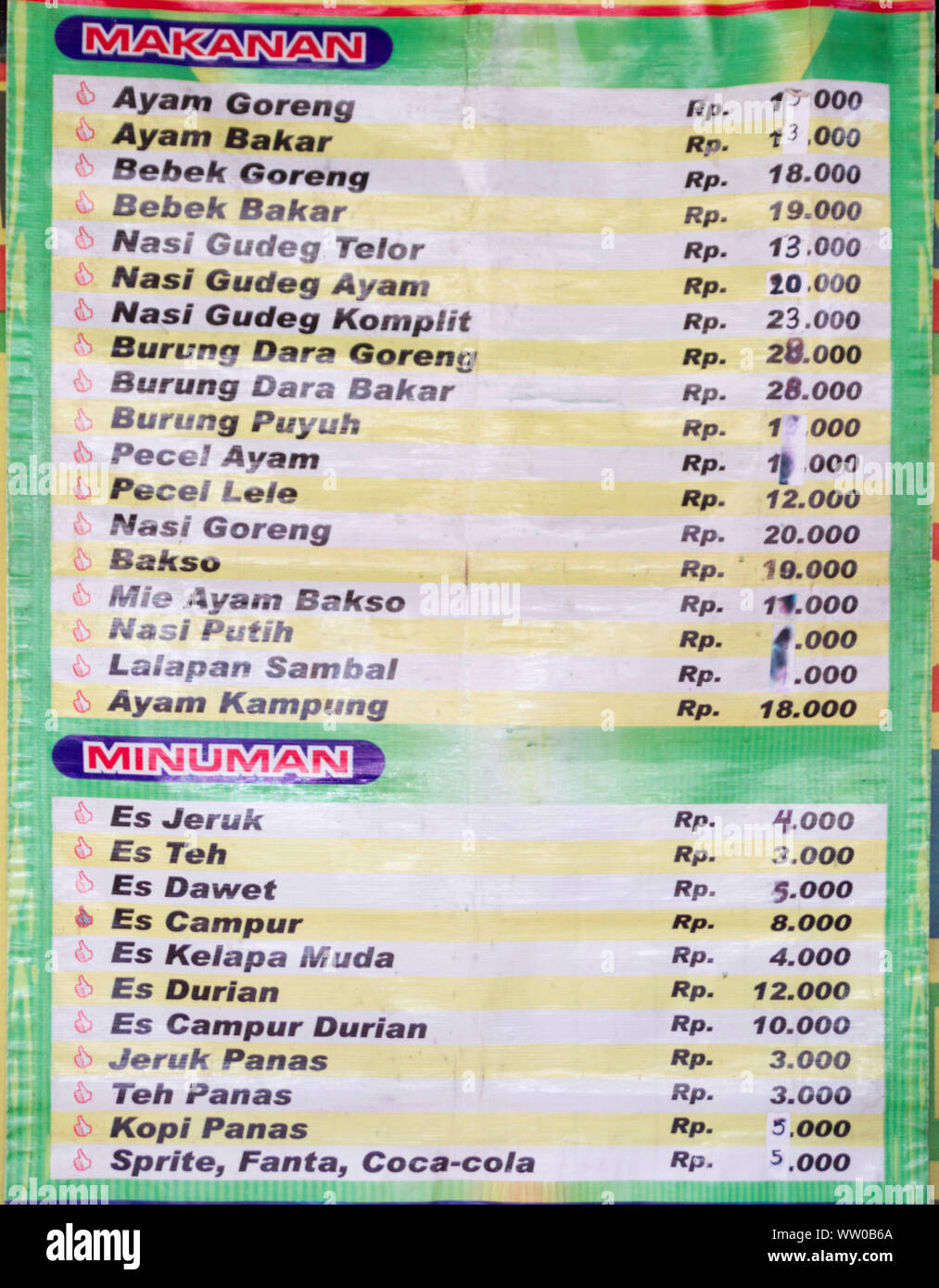 Street food prices, Jl. Malioboro, Yogyakarta, Java, Indonesia, 2014 ...