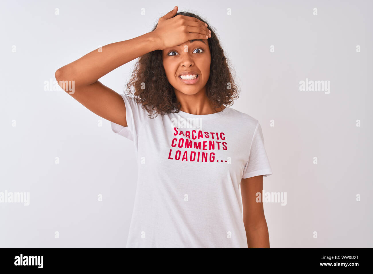 Brazilian woman wearing fanny t-shirt with irony comments over isolated ...