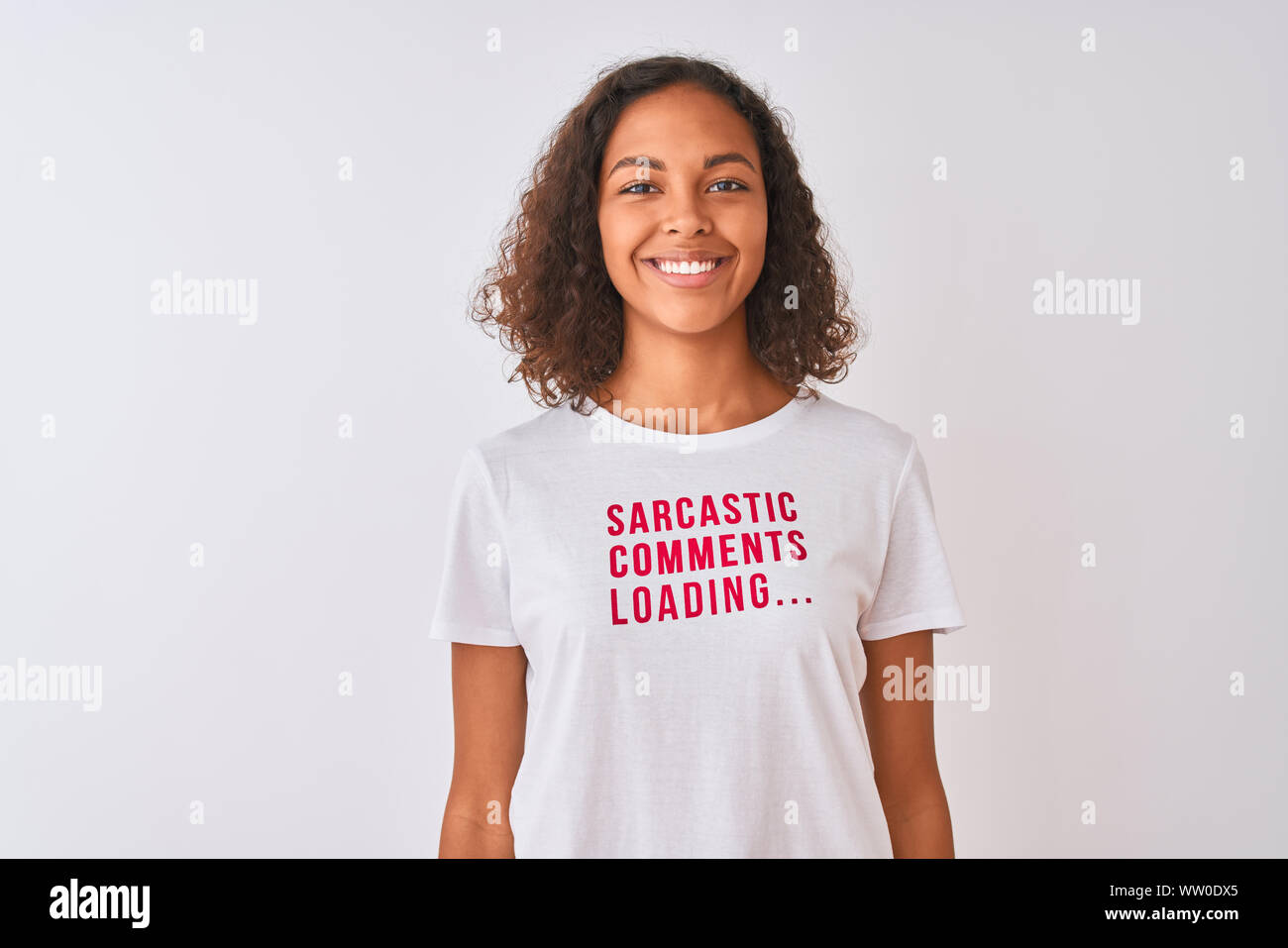 Brazilian woman wearing fanny t-shirt with irony comments over isolated ...