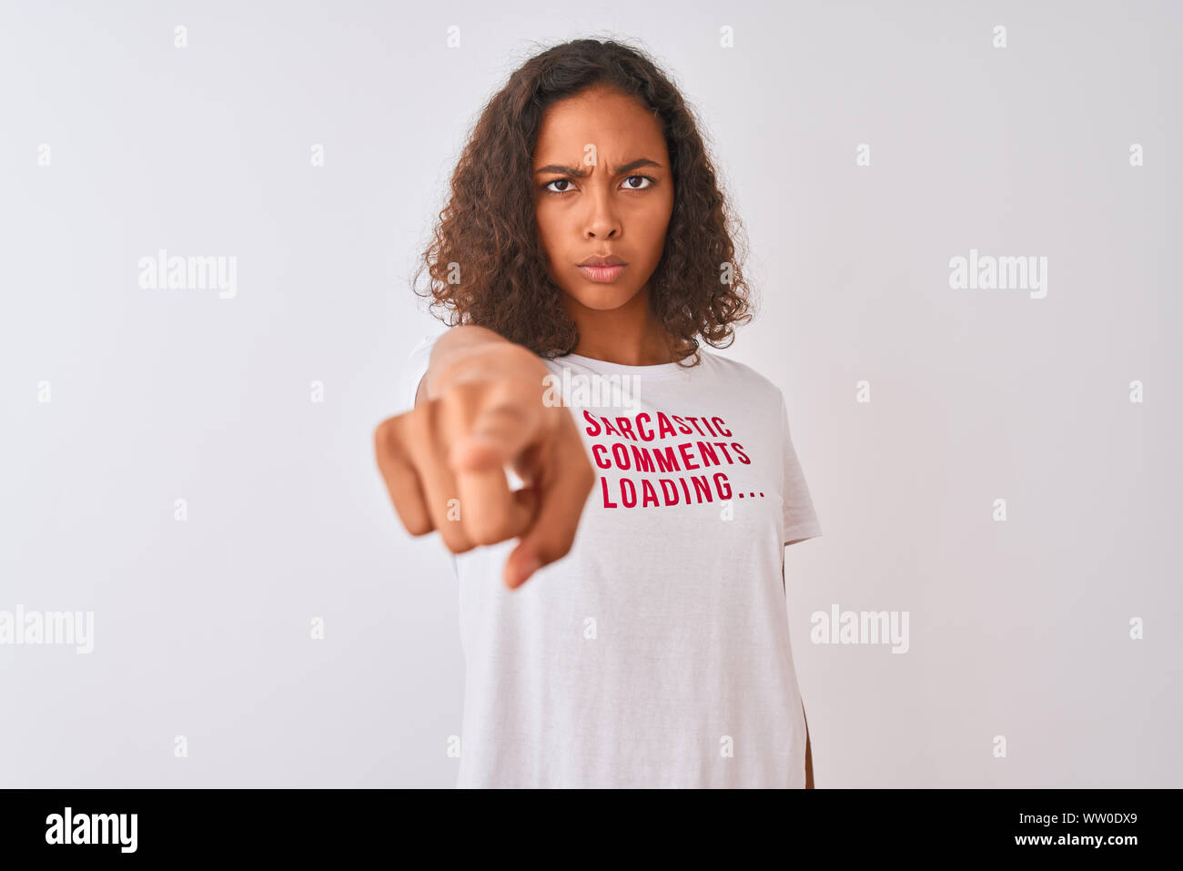 Brazilian woman wearing fanny t-shirt with irony comments over isolated ...