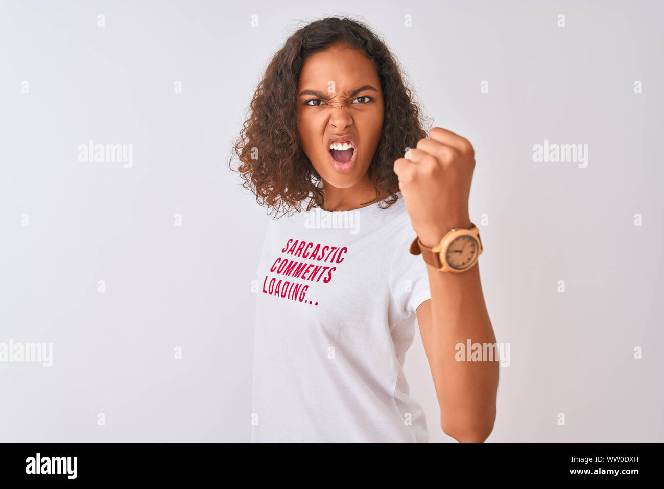 Brazilian woman wearing fanny t-shirt with irony comments over isolated ...