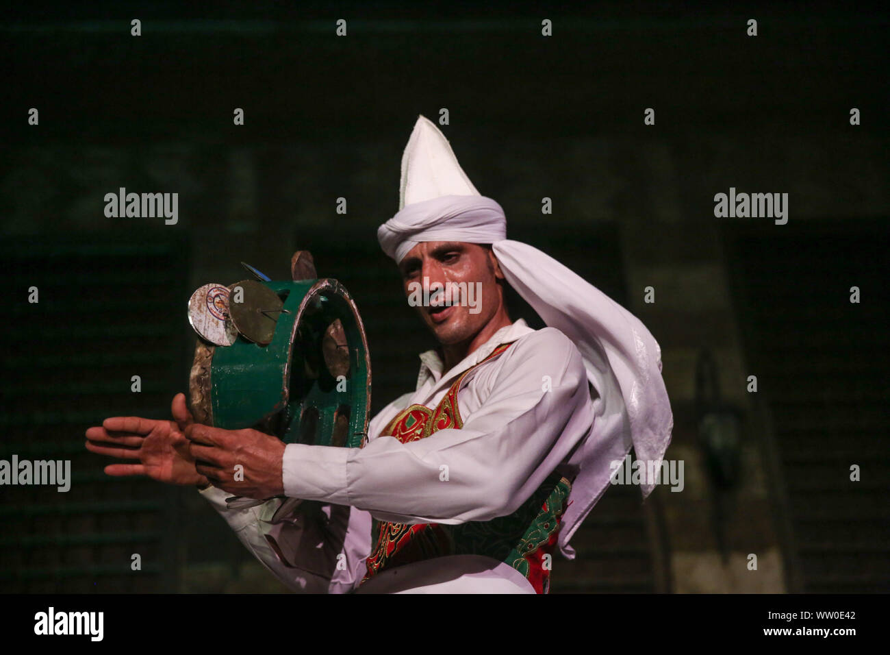 Cairo, Egypt. 11th Sep, 2019. A dancer performs with a drum during EL ...
