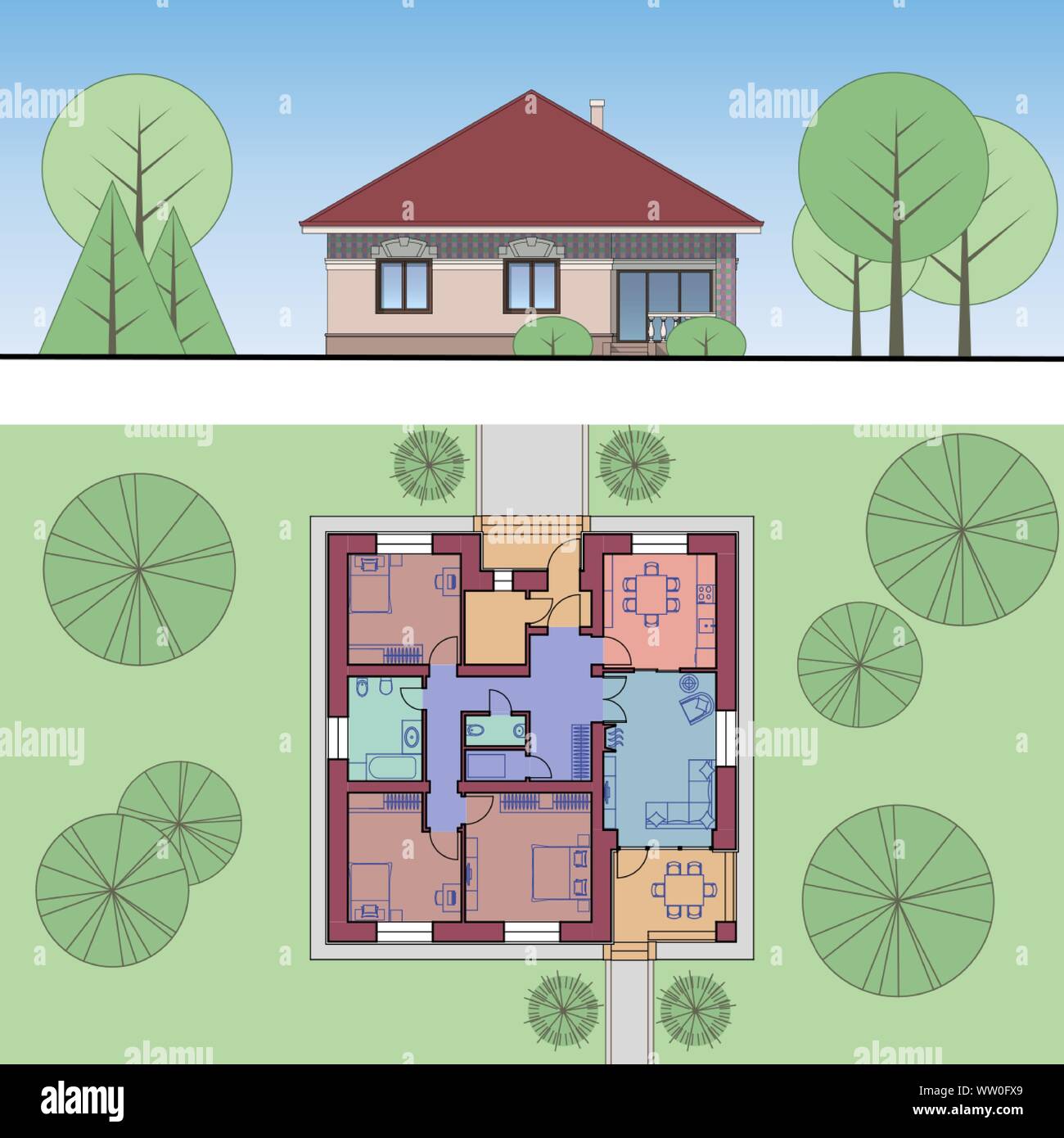 Architectural facade and plan of a house. The drawing of the cottage ...