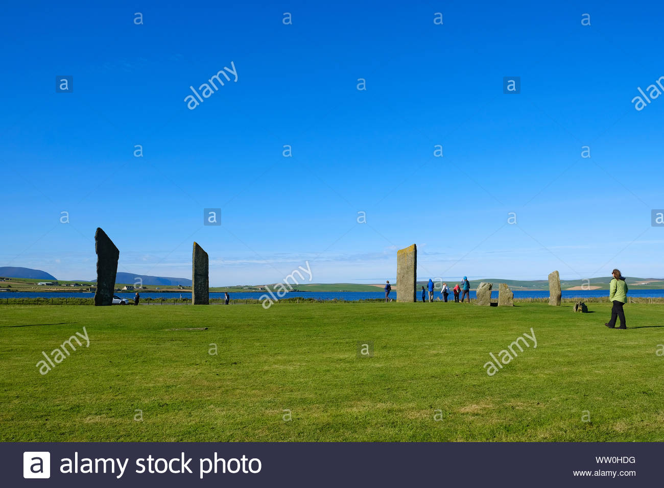 Visitors at the Standing Stones of Stenness, a neolithic monument ...
