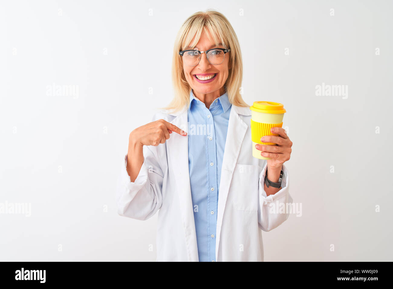 Middle age scientist woman wearing glasses drinking coffee over ...