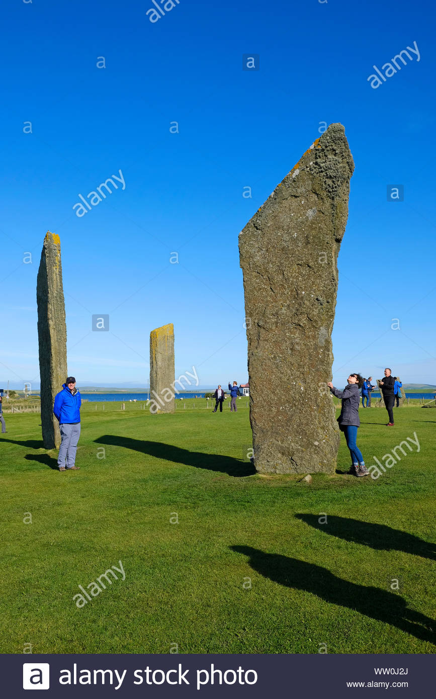 Visitors at the Standing Stones of Stenness, a neolithic monument ...