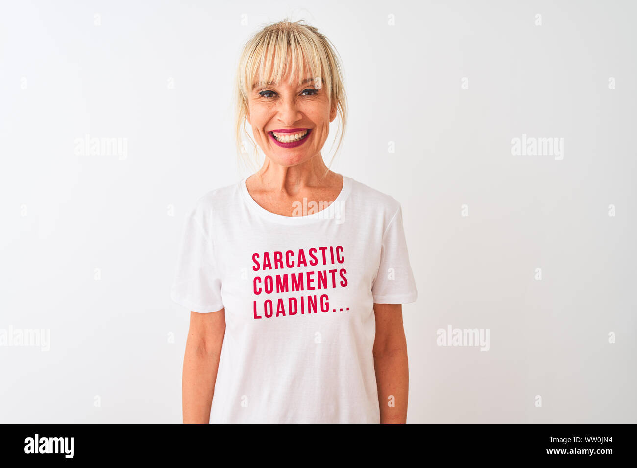 Middle age woman wearing fanny t-shirt with irony comments over ...