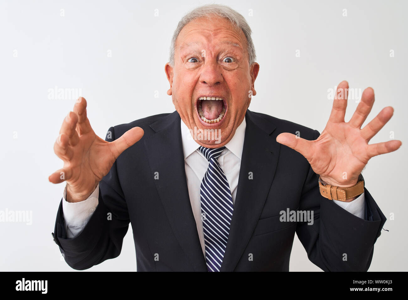 Senior grey-haired businessman wearing suit standing over isolated ...