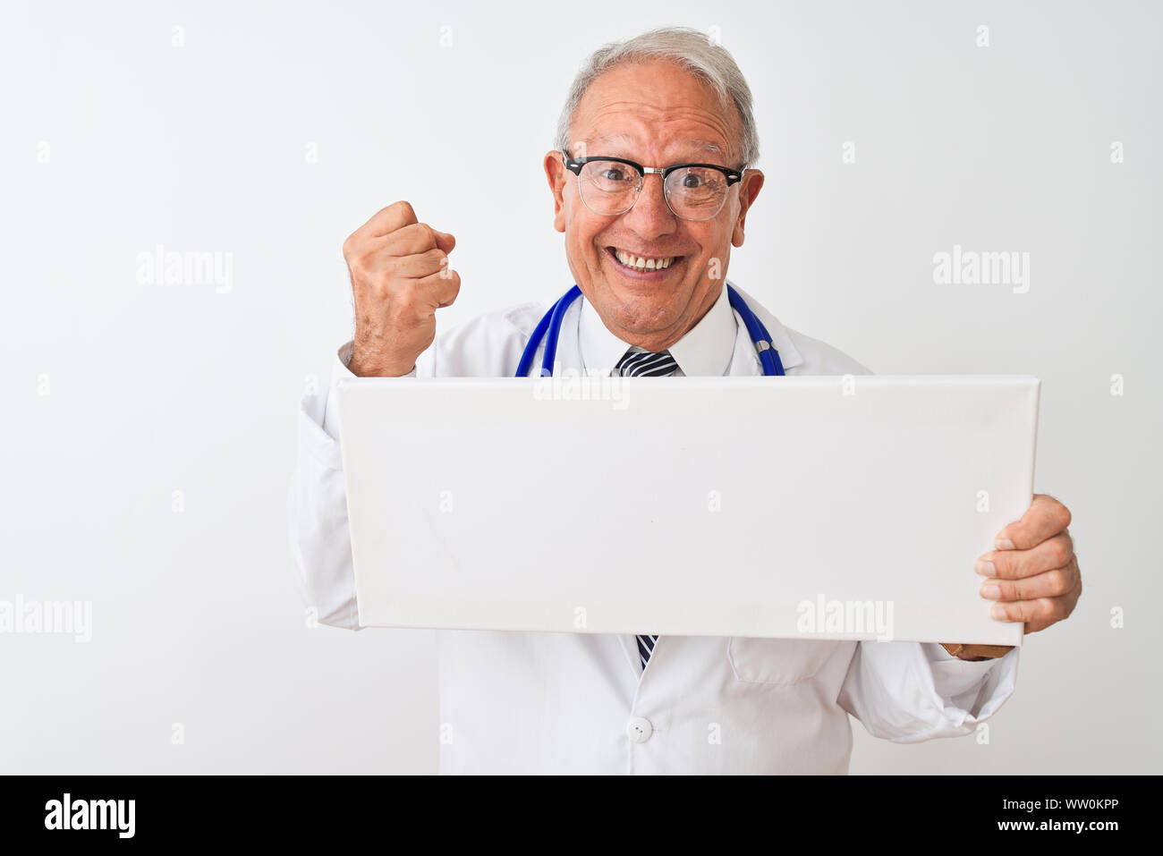 Senior grey-haired doctor man holding banner standing over isolated ...