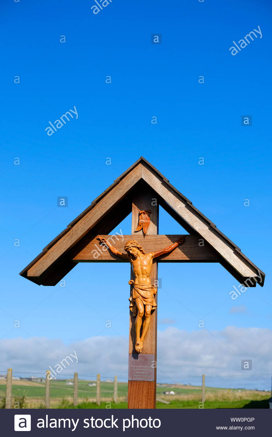 Wooden cross with Jesus outside The Italian Chapel, a Catholic chapel ...