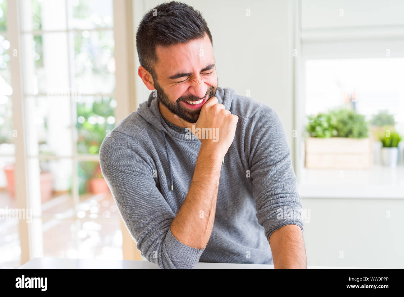 Handsome man smiling cheerful with a big smile on face showing teeth ...