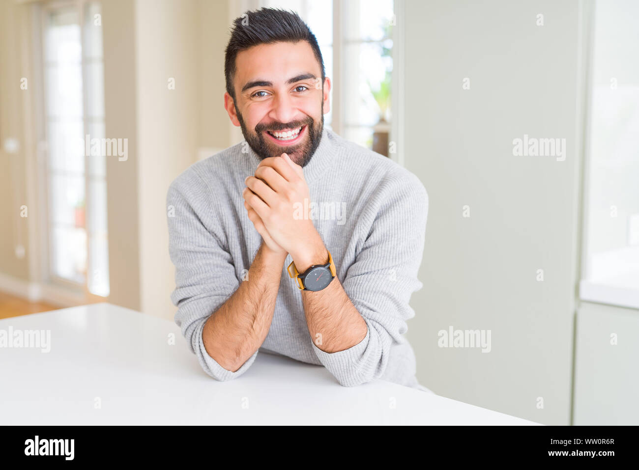 Handsome man smiling cheerful with a big smile on face showing teeth ...