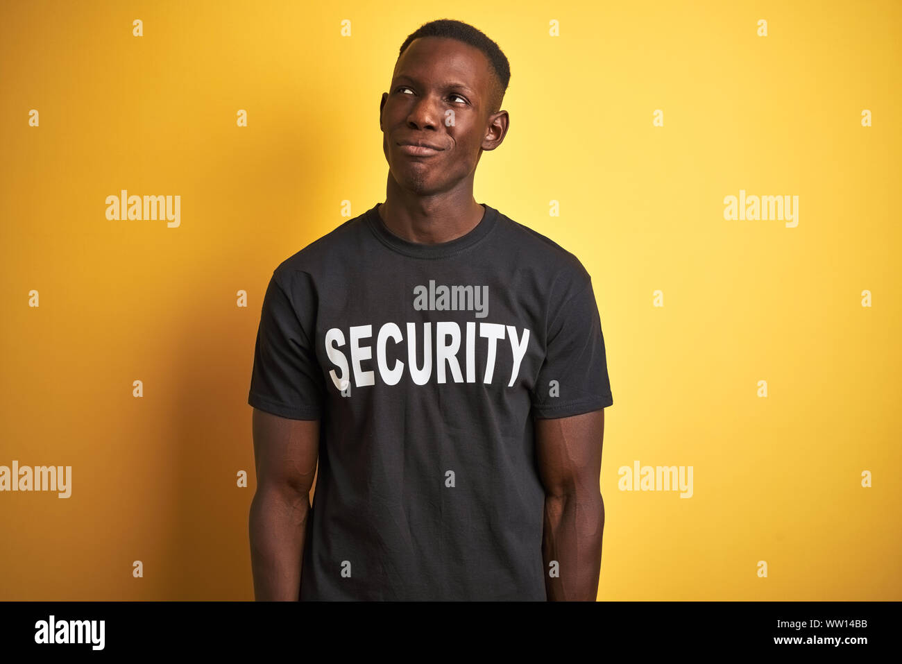 African american safeguard man wearing security uniform over isolated ...