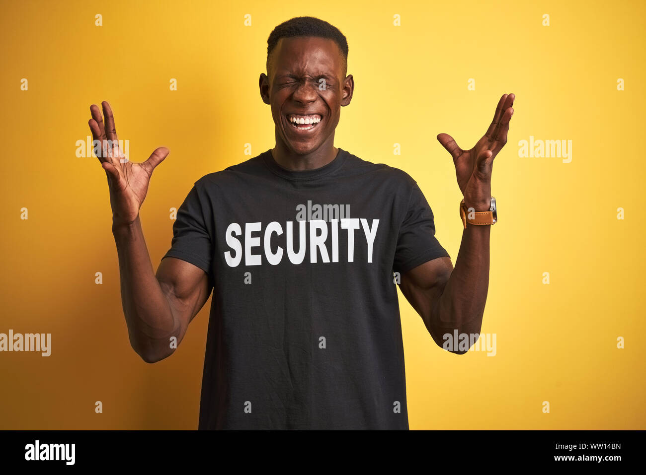 African american safeguard man wearing security uniform over isolated ...