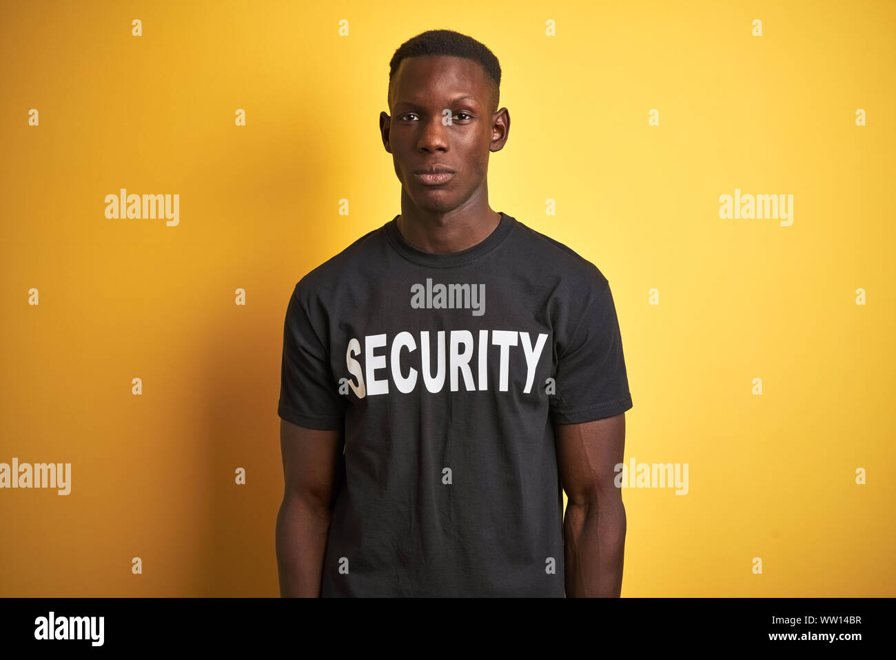 African american safeguard man wearing security uniform over isolated ...
