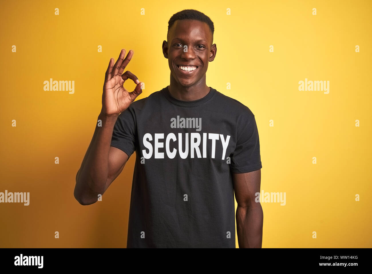 African american safeguard man wearing security uniform over isolated ...