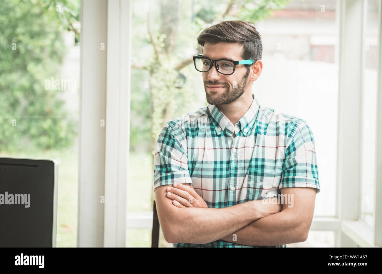 Good looking caucasian man with space background, wearing eye glasses ...