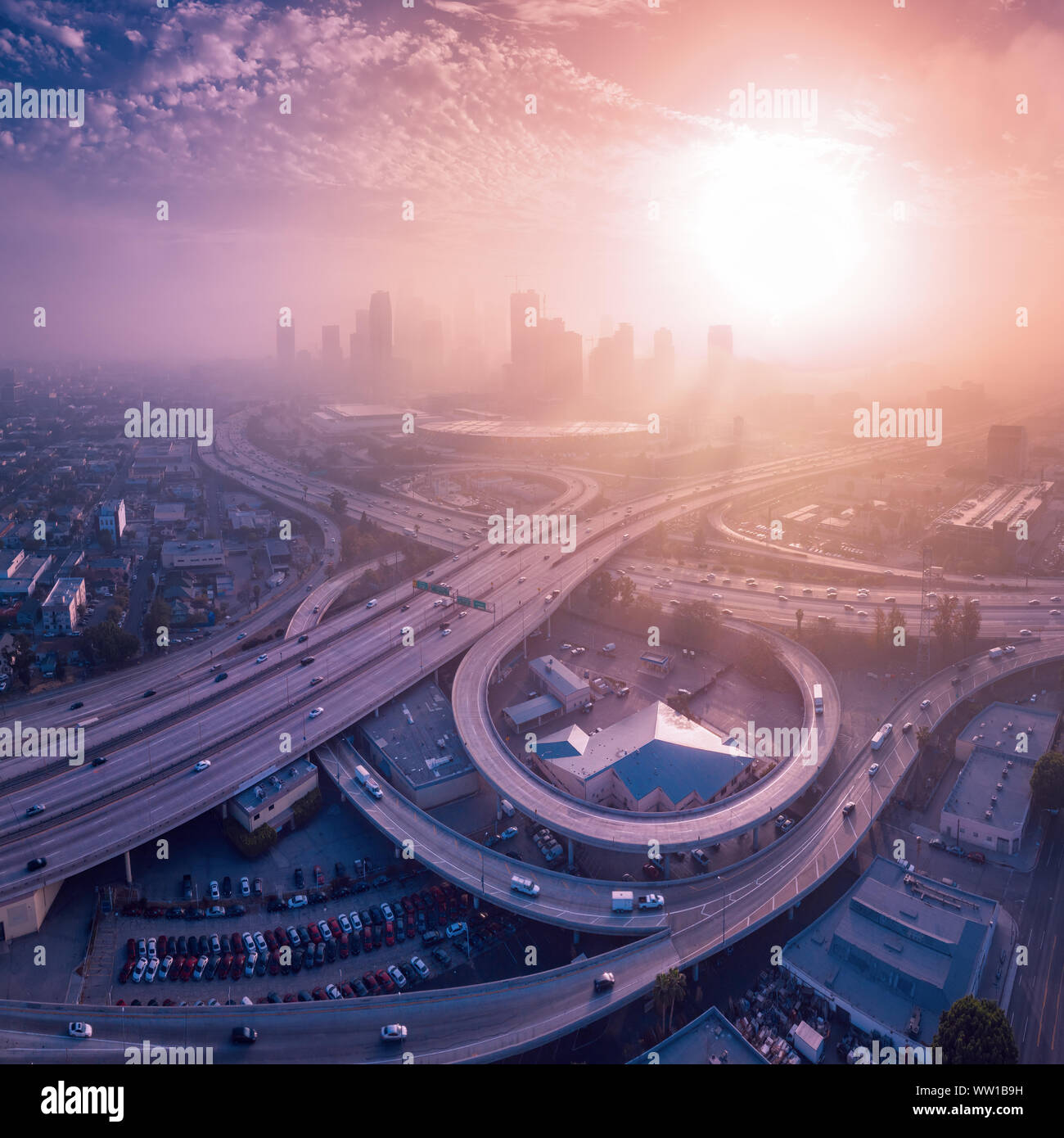 Aerial view, sunrise in Los Angeles city, California Stock Photo - Alamy