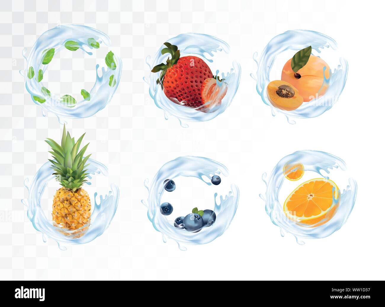 Set, collection fruits and splash water. Pineapple, strawberry, orange ...