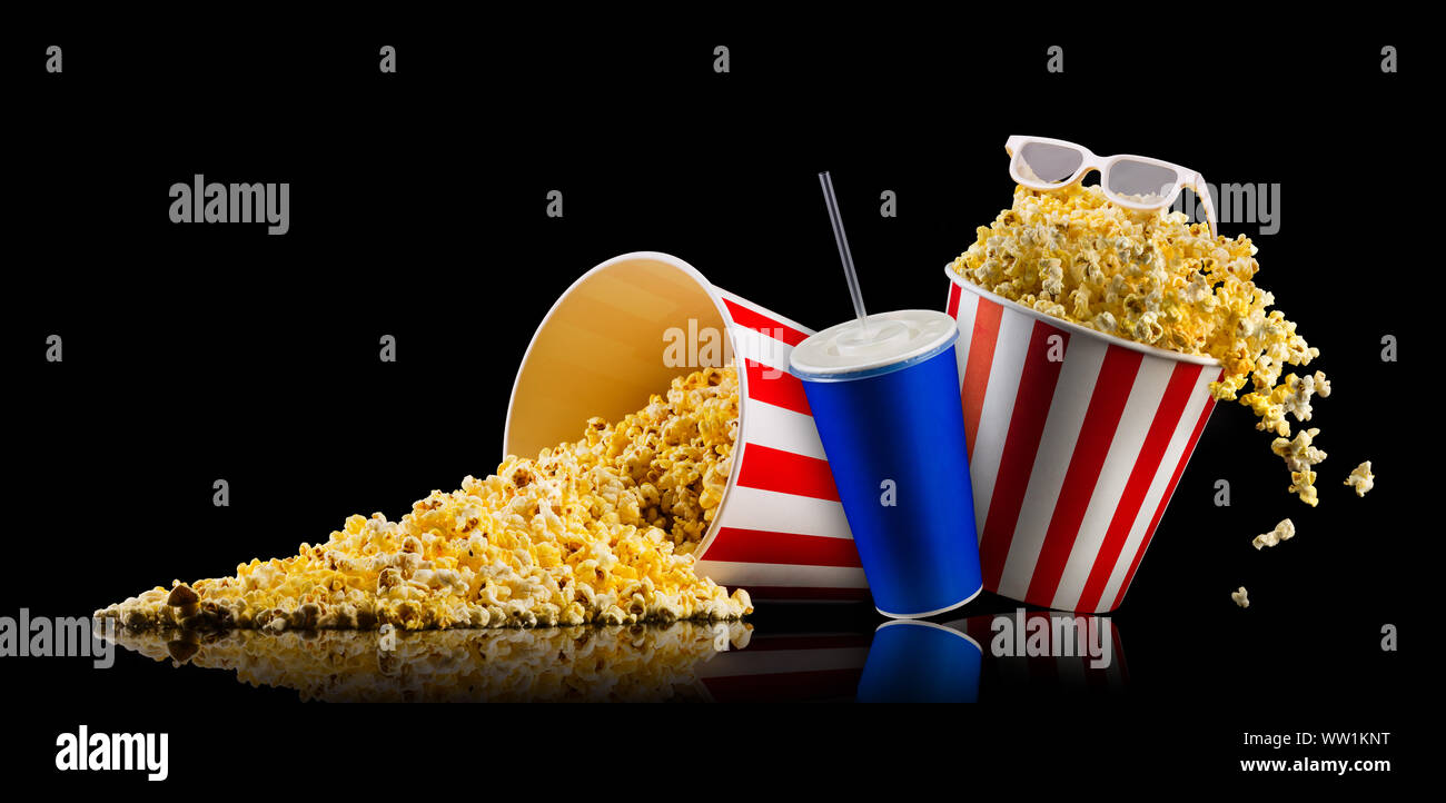 Set of paper striped bucket with popcorn and cup of soft drink isolated ...