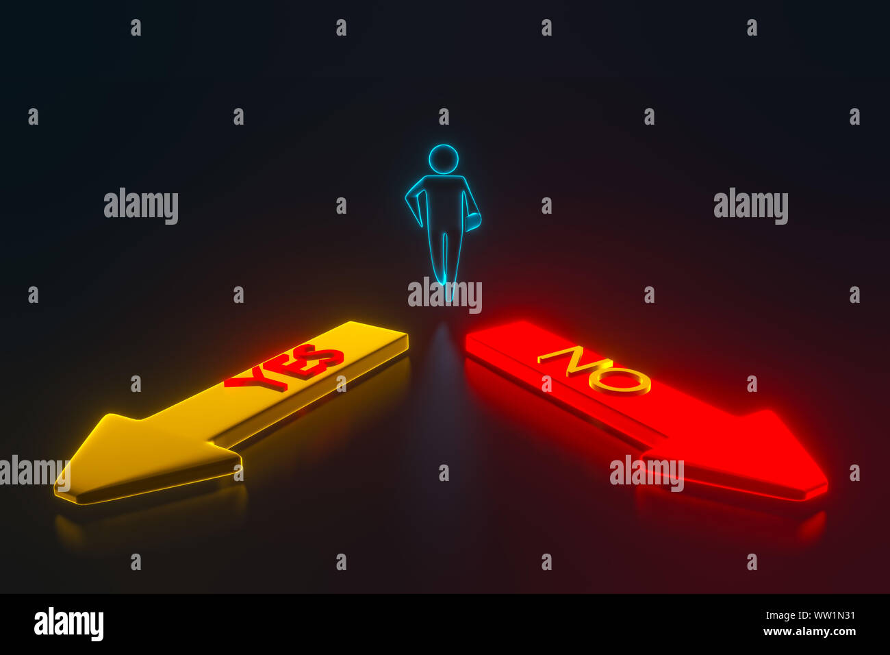 3d man with arrows YES NO in different directions. Arrows with ...