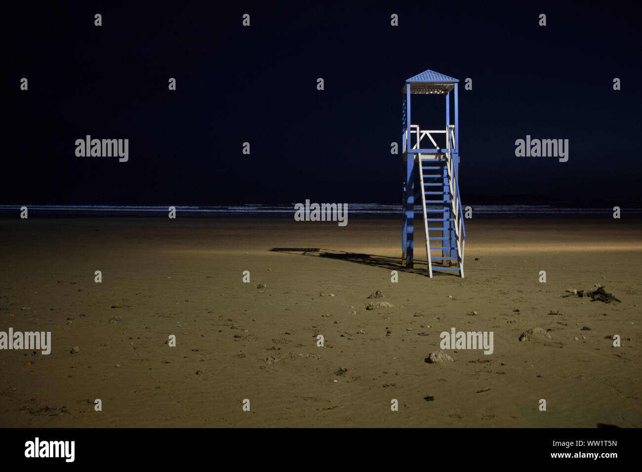 Beach watchtower on the beach of Essaouira illuminated at night Stock ...