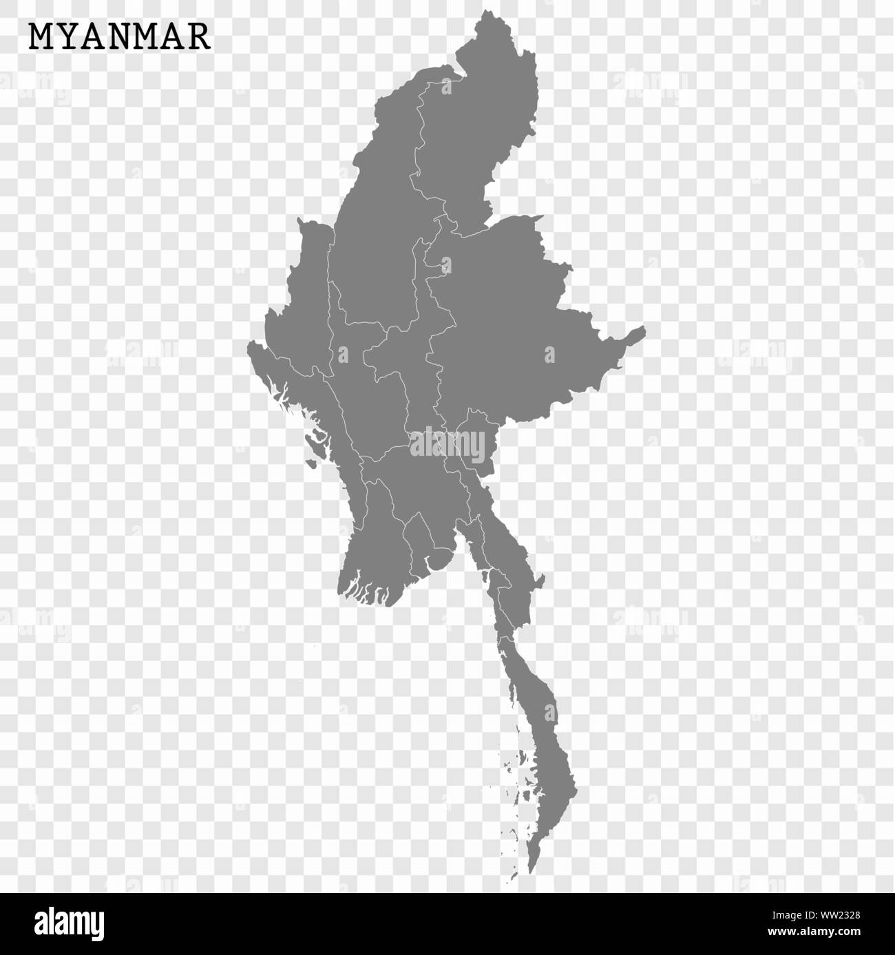 High quality map of Myanmar with borders of the regions Stock Vector ...