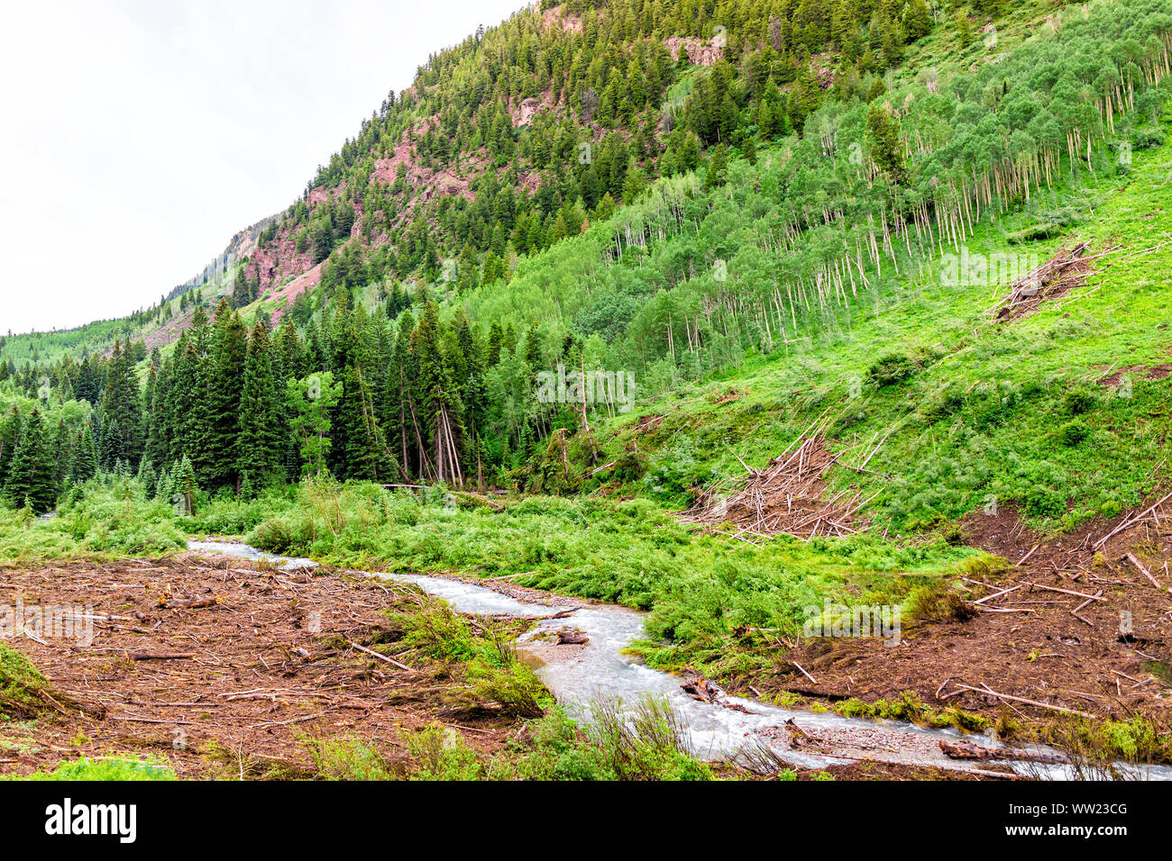 Avalanche debris by river path road on Conundrum Creek Trail in Aspen ...