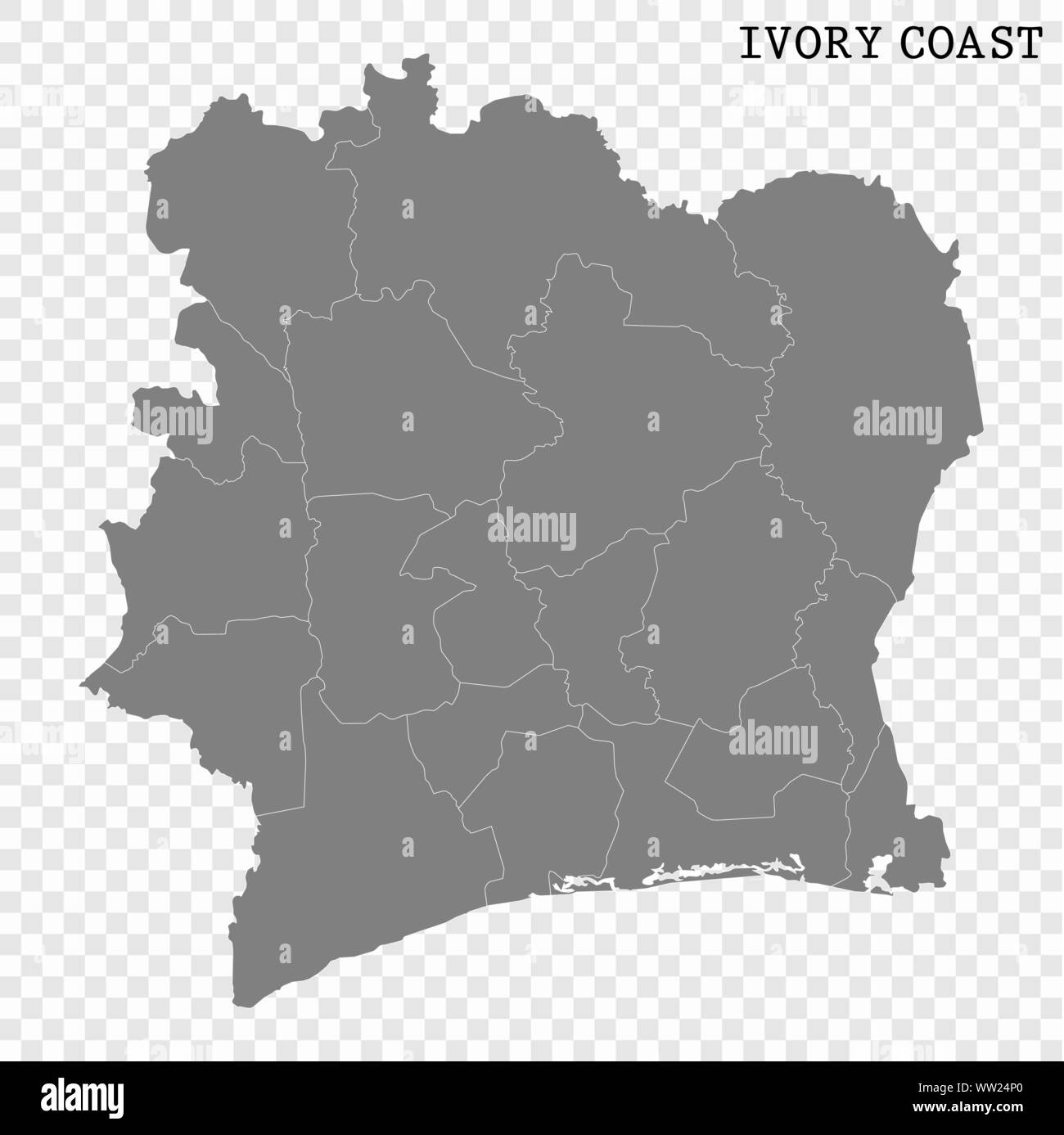 High quality map of Ivory Coast with borders of the regions Stock ...