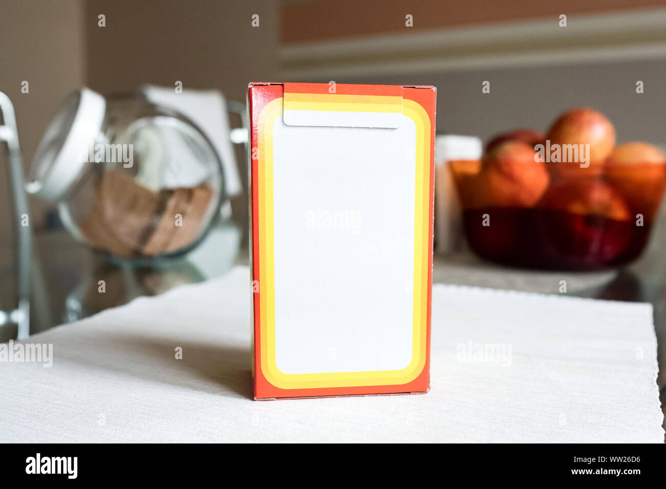 Baking soda in a paper box. Branded packaging of soda in the kitchen ...