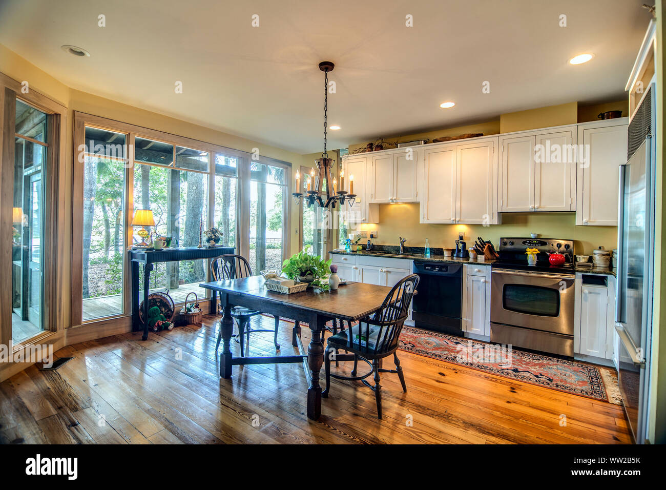 large kitchen with big view windows Stock Photo - Alamy