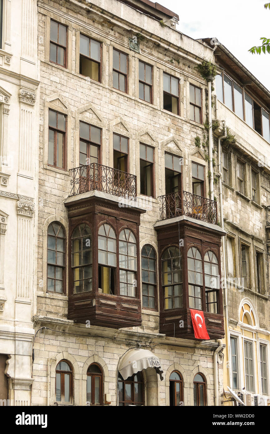 Facade of a house in the center of the city of Istanbul, Turkey, with a ...