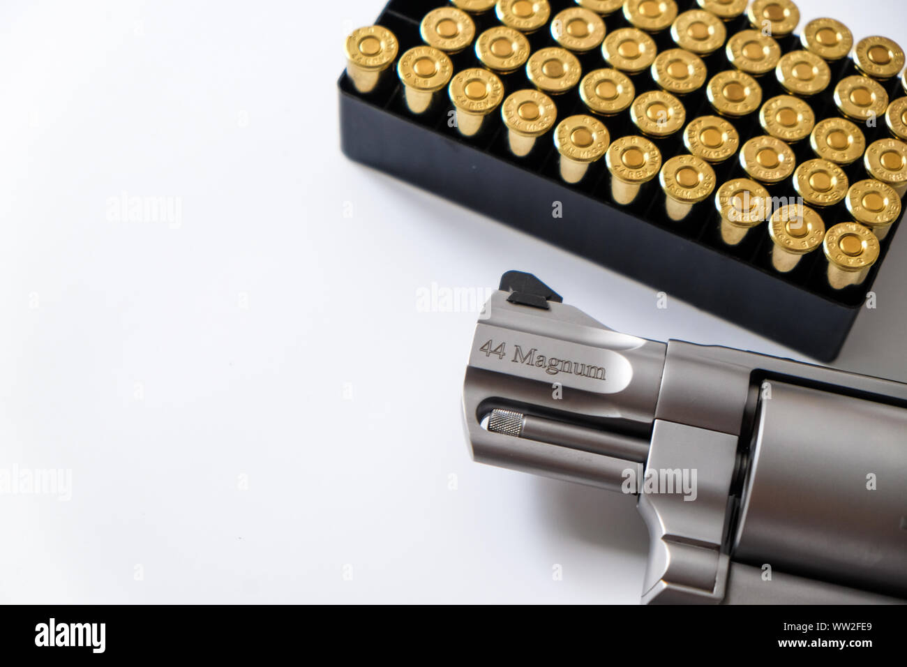 .44 magnum revolver gun with bullet on white background, Crime concept ...