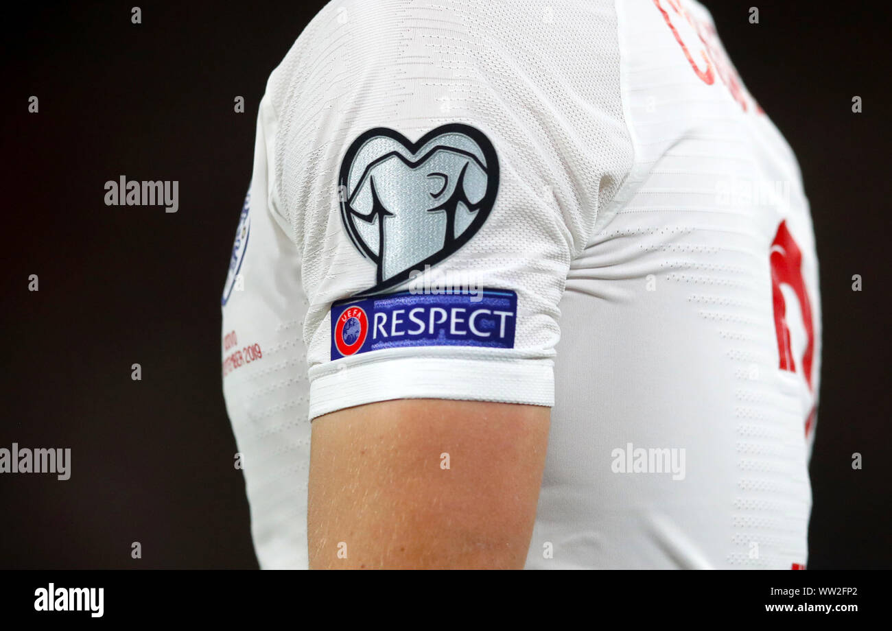 Detail of a Respect badge on the sleeve of an England player Stock ...