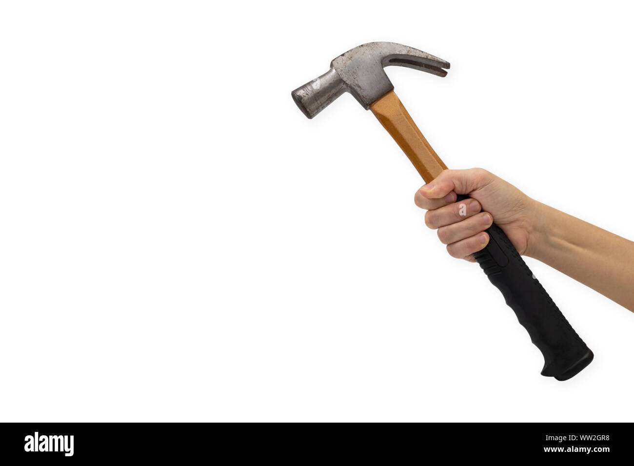 Woman's hand holding hammer isolated on white background Stock Photo ...