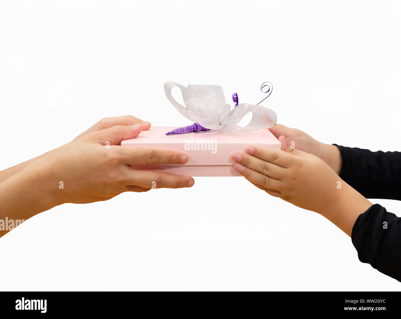 Hand'woman giving gift box to child isolated on white background Stock ...
