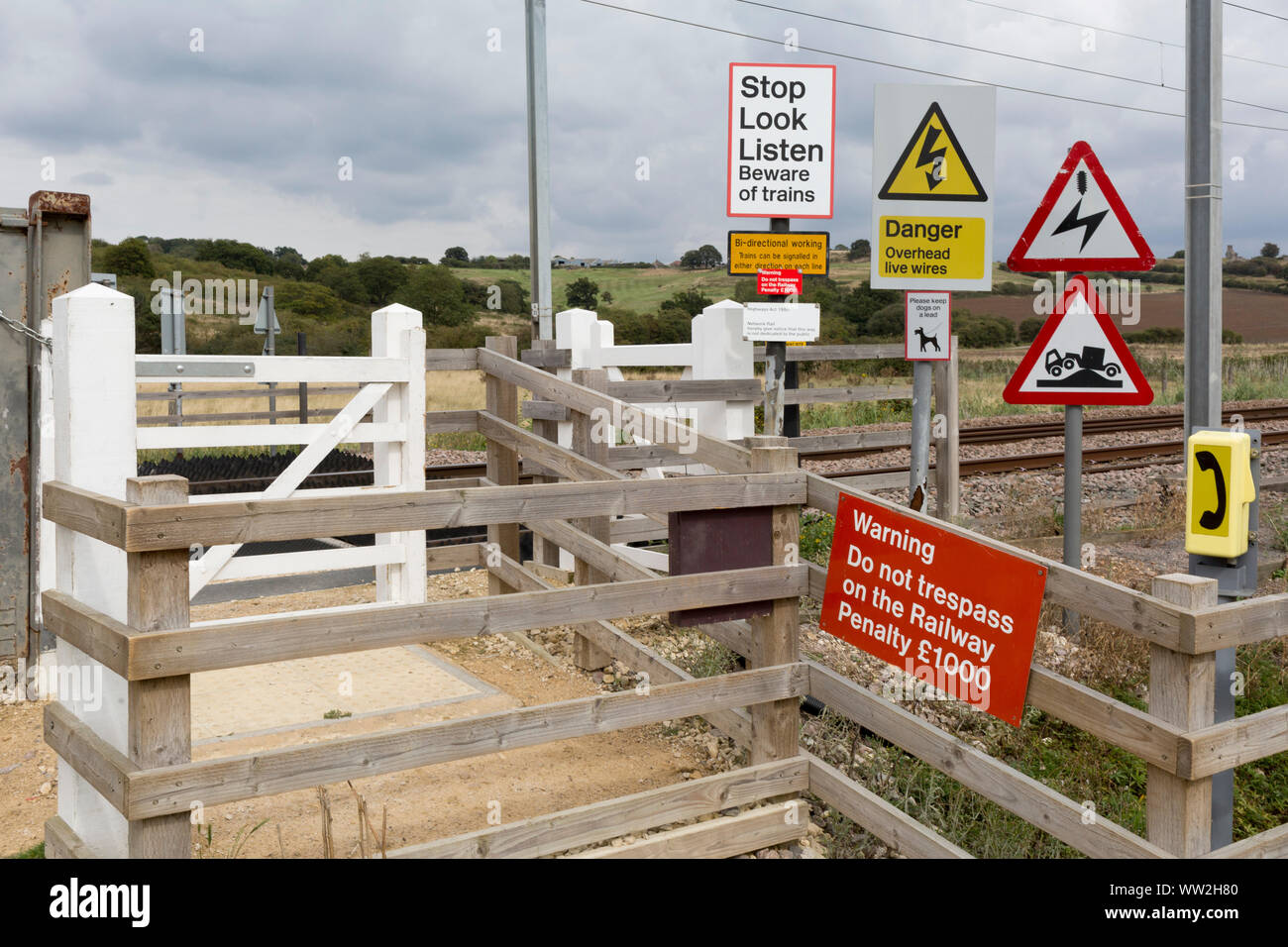 A landscape of a Network Rail railway crossing consisting of warning ...